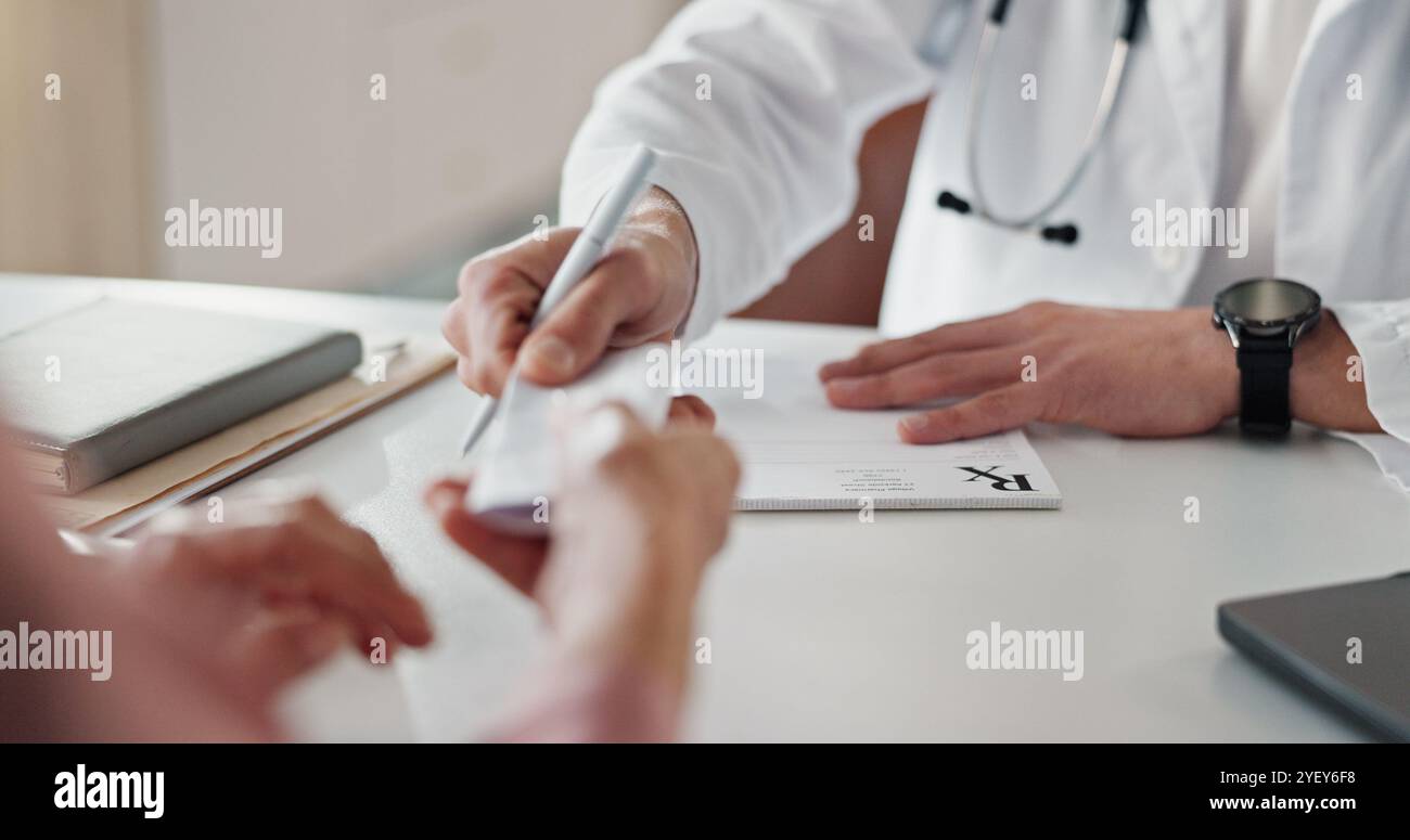 Hands, doctor and notes for writing, prescription or healthcare service ...