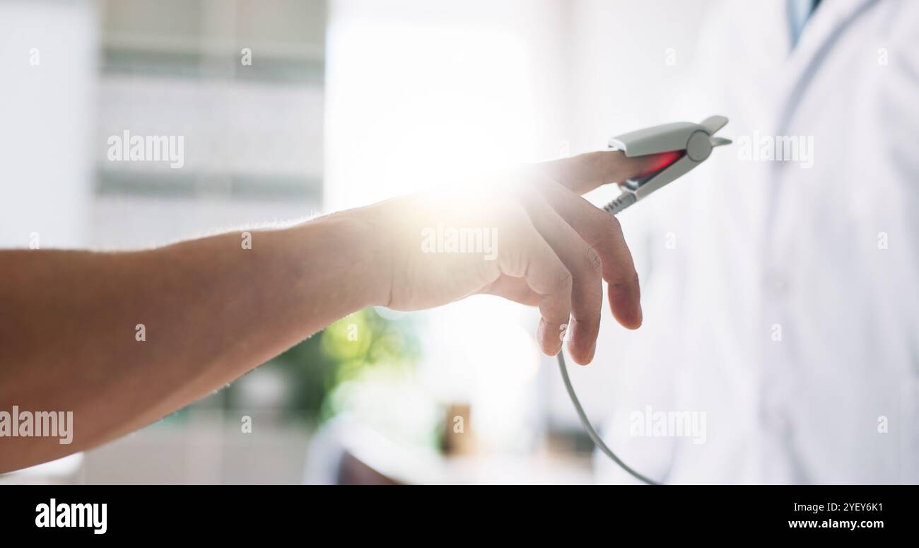 Patient, doctor and hands with oximeter for blood checkup, oxygen or ...