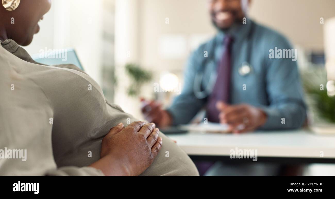 Pregnant, checkup and woman with stomach, healthcare and smile for ...