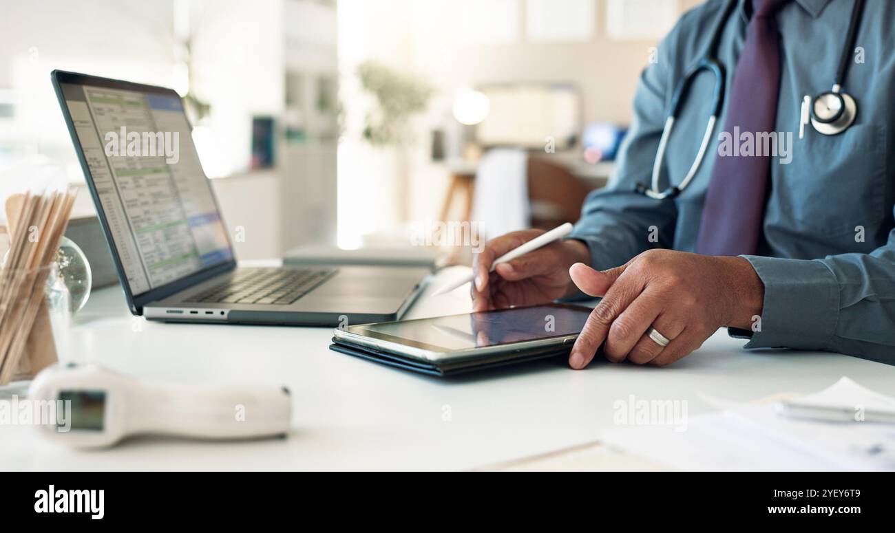 Typing, doctor and hands with tablet, planning and reading of health ...