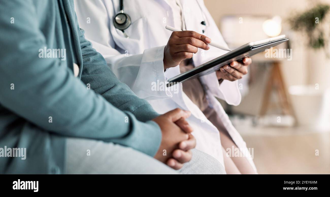 Tablet, hands and person with doctor for consultation with cold, flu ...