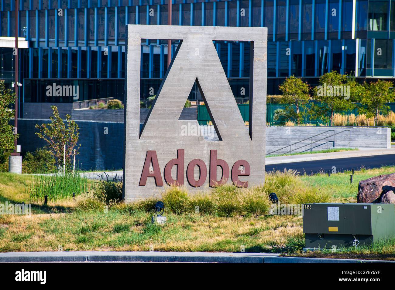 Exterior view of Adobe logo sign on August 31, 2024, in Lehi, Utah, USA ...
