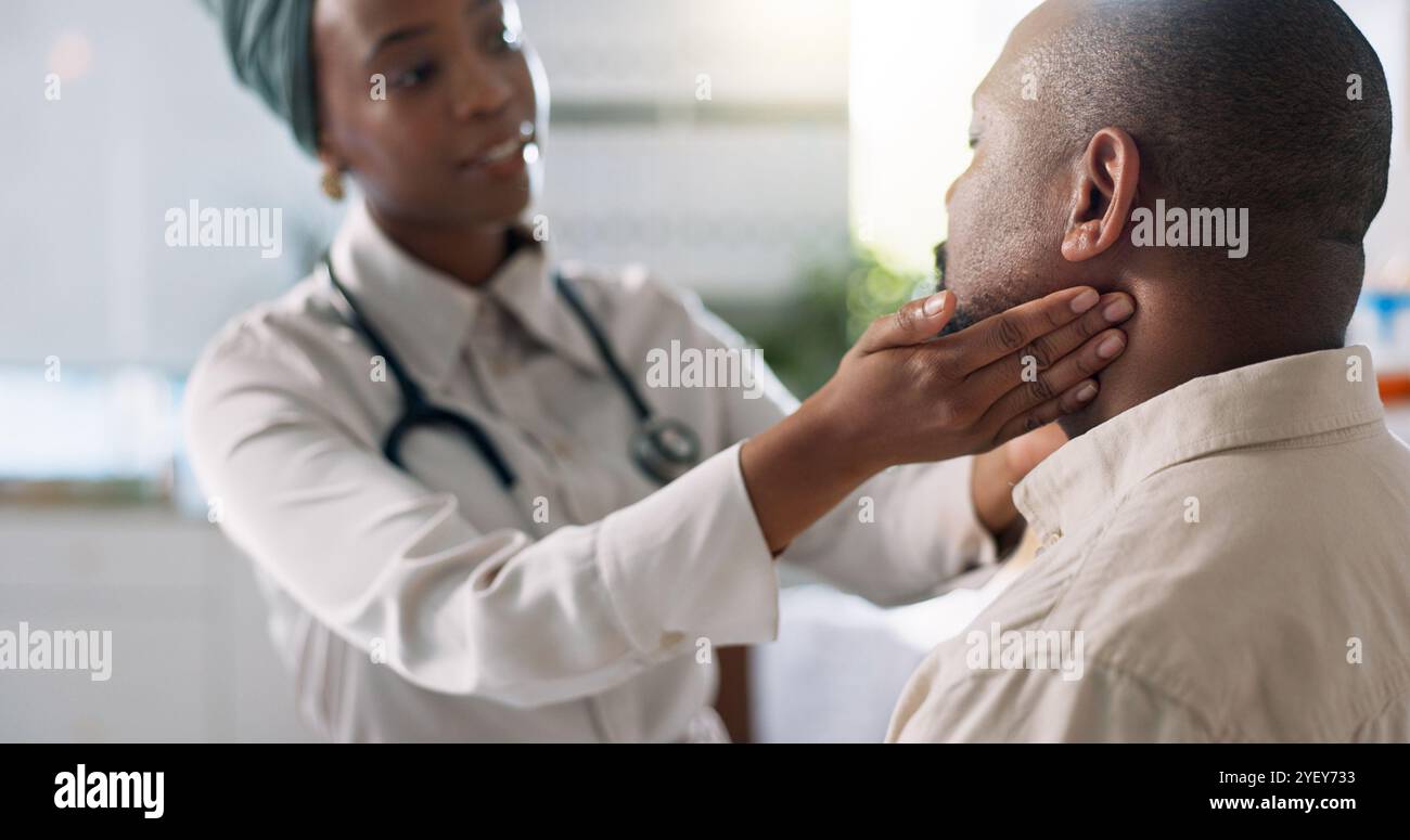 Hands, doctor and check neck of patient for thyroid exam, touch tonsils ...