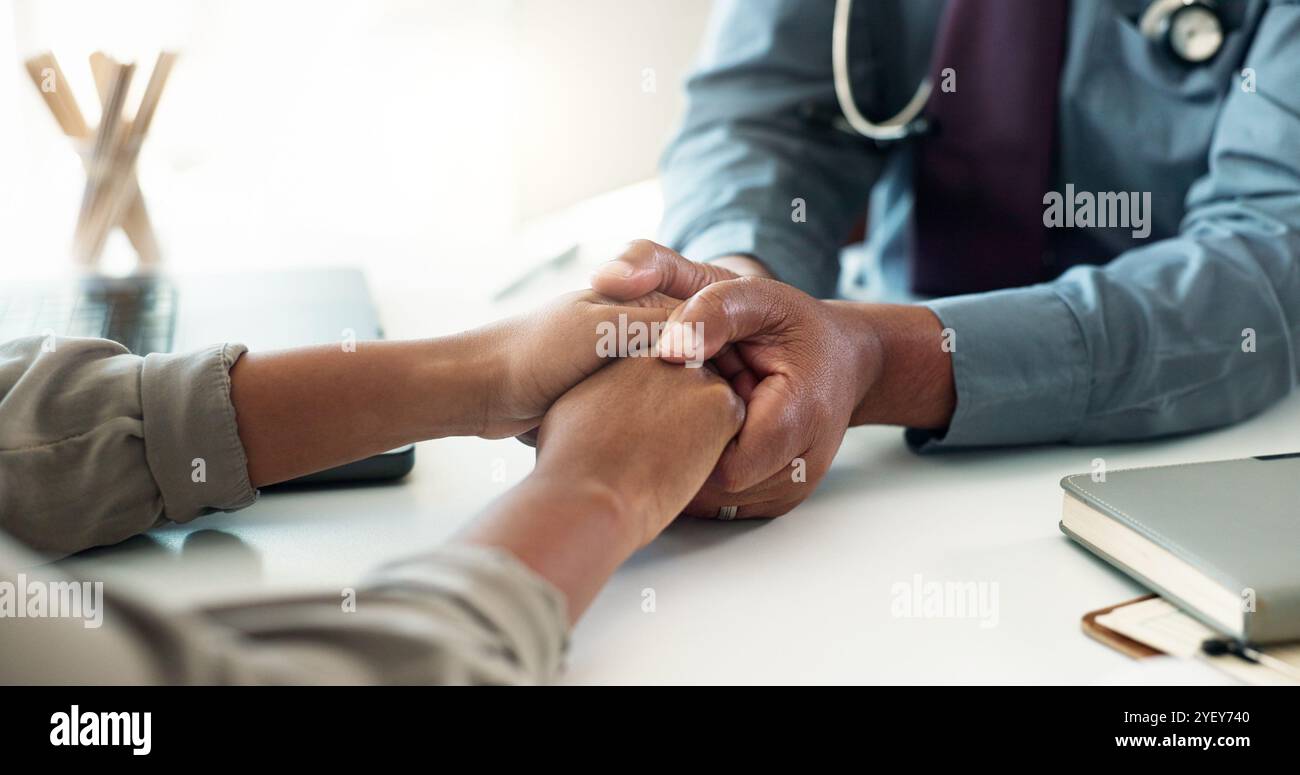 Holding hands, doctor and support with patient, healthcare and empathy ...