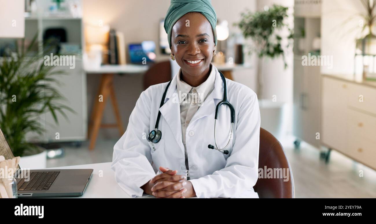 Portrait, doctor and happy black woman in clinic office for healthcare ...