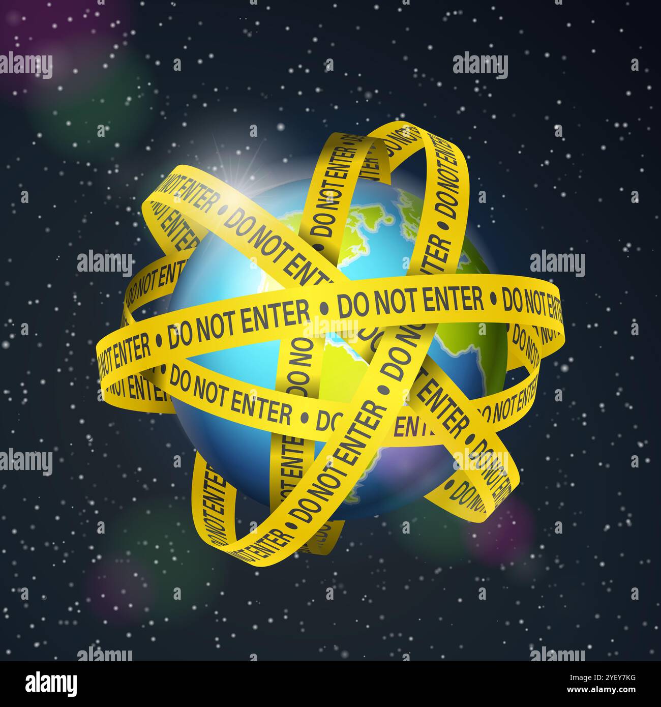 World globe with do not enter tape on space background. Vector ...