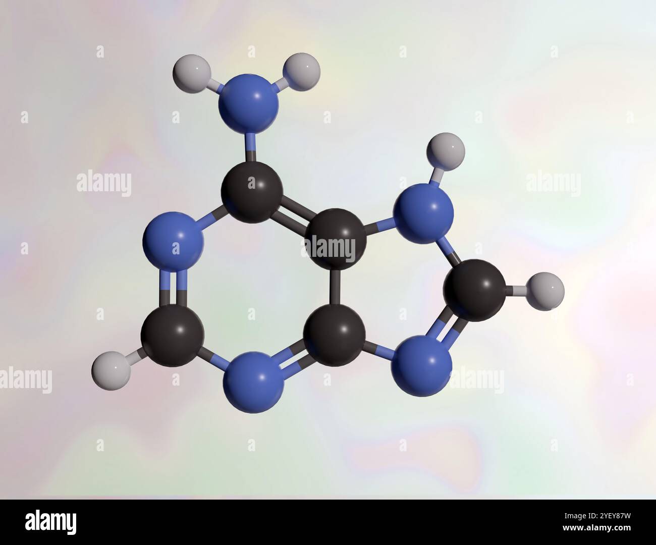 Computer illustration of a ball and stick model of an adenine molecule ...