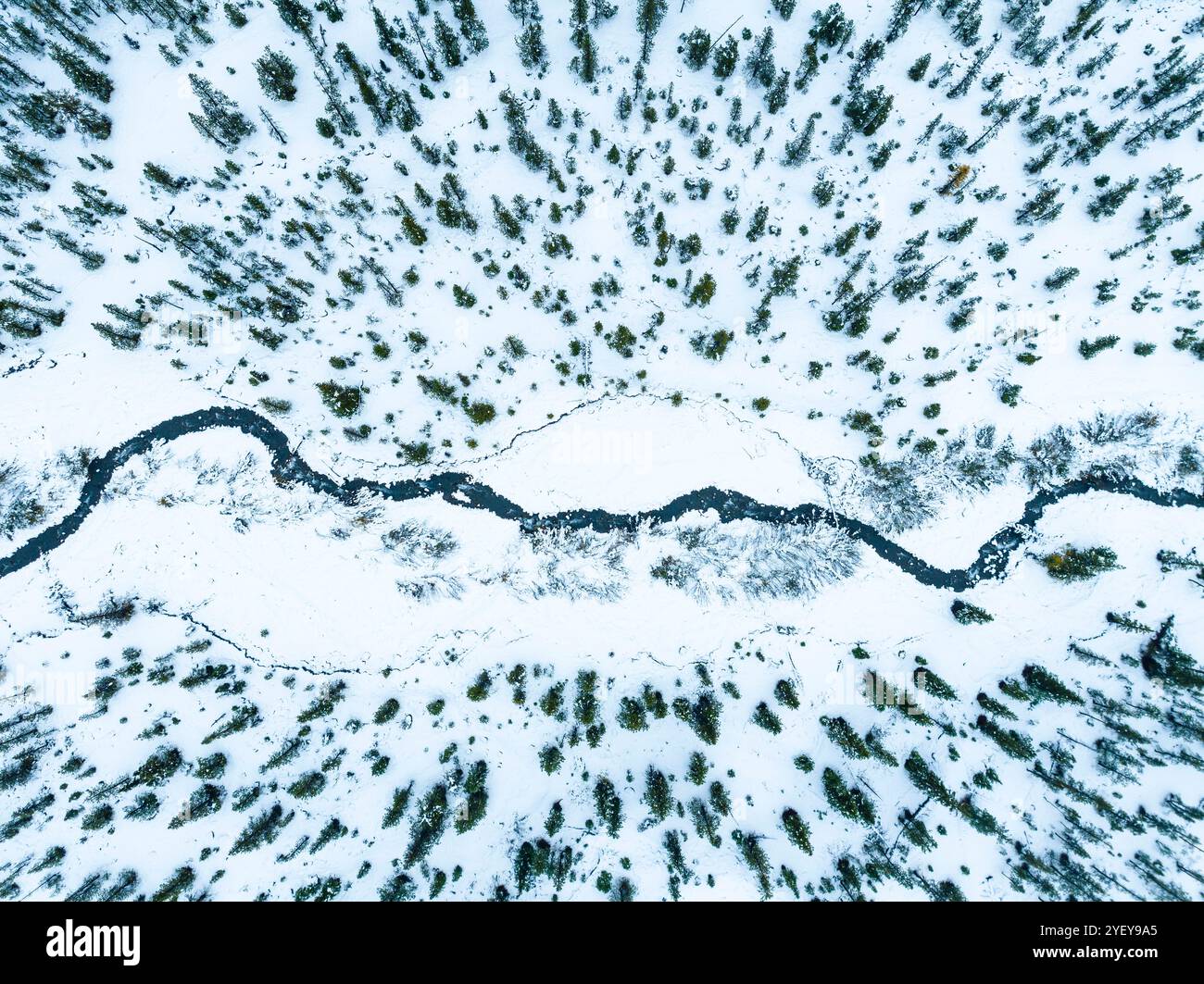 Aerial view of snow along the White River, Mount Hood National Forest ...