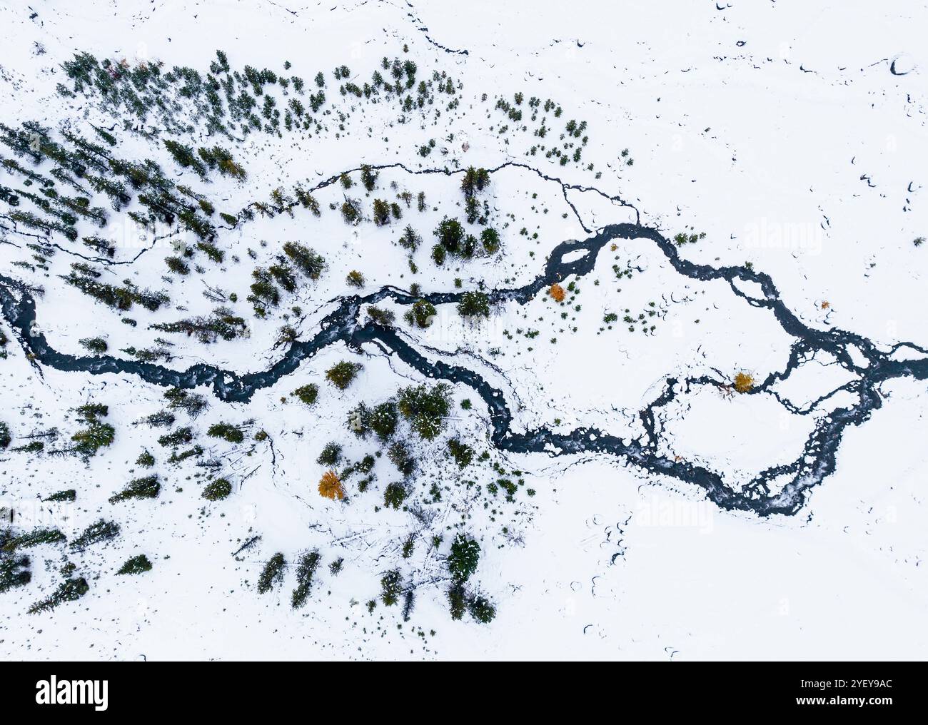 Aerial view of snow along the White River, Mount Hood National Forest ...