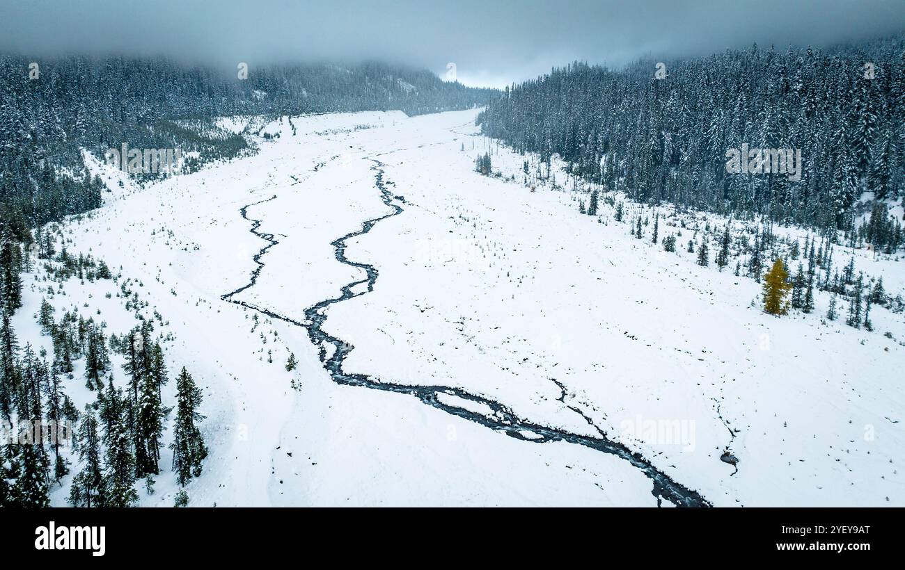 Aerial view of snow along the White River, Mount Hood National Forest ...