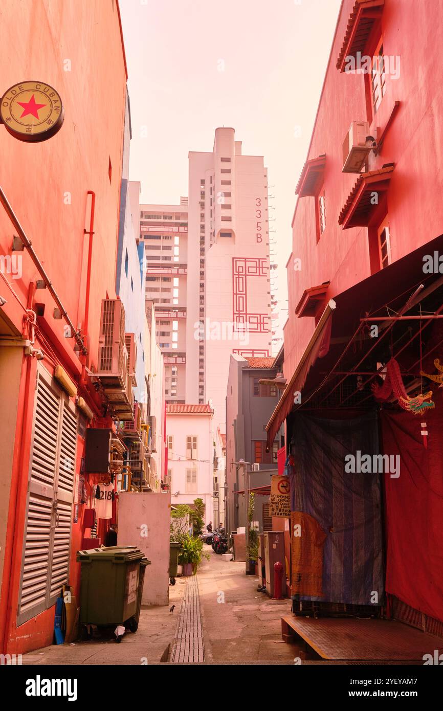 red alleyway in chinatown looking towards public housing block Stock ...