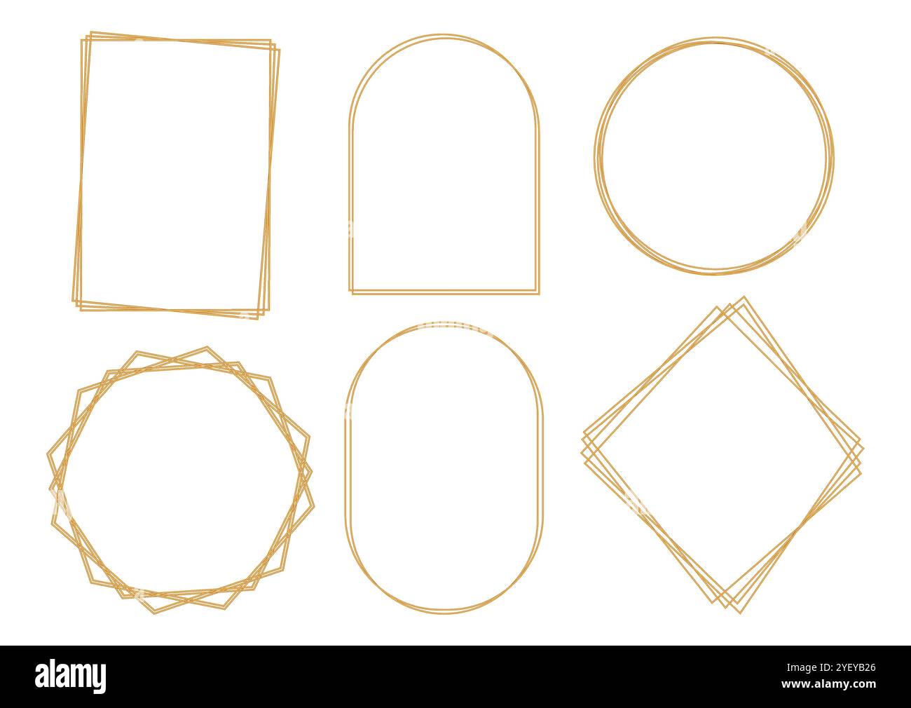 Set of 3d outline gold frames on white background. Hexagon, round ...