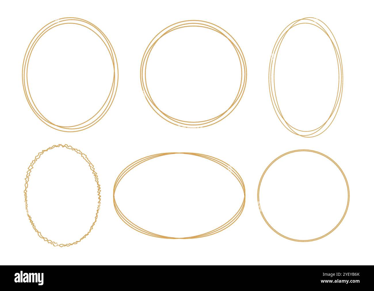 Set of outline gold frames on white background. Round, ellipse ...