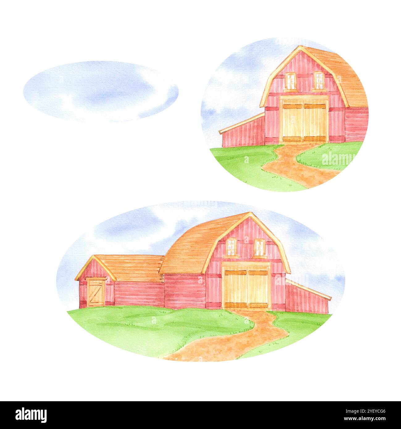 Hand drawn watercolor ranch barn landscape isolated on white background ...