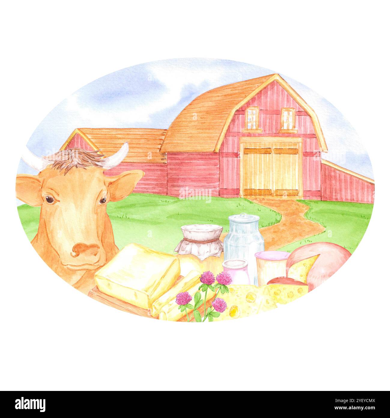 Hand drawn watercolor ranch barn landscape with a cow and dairy ...