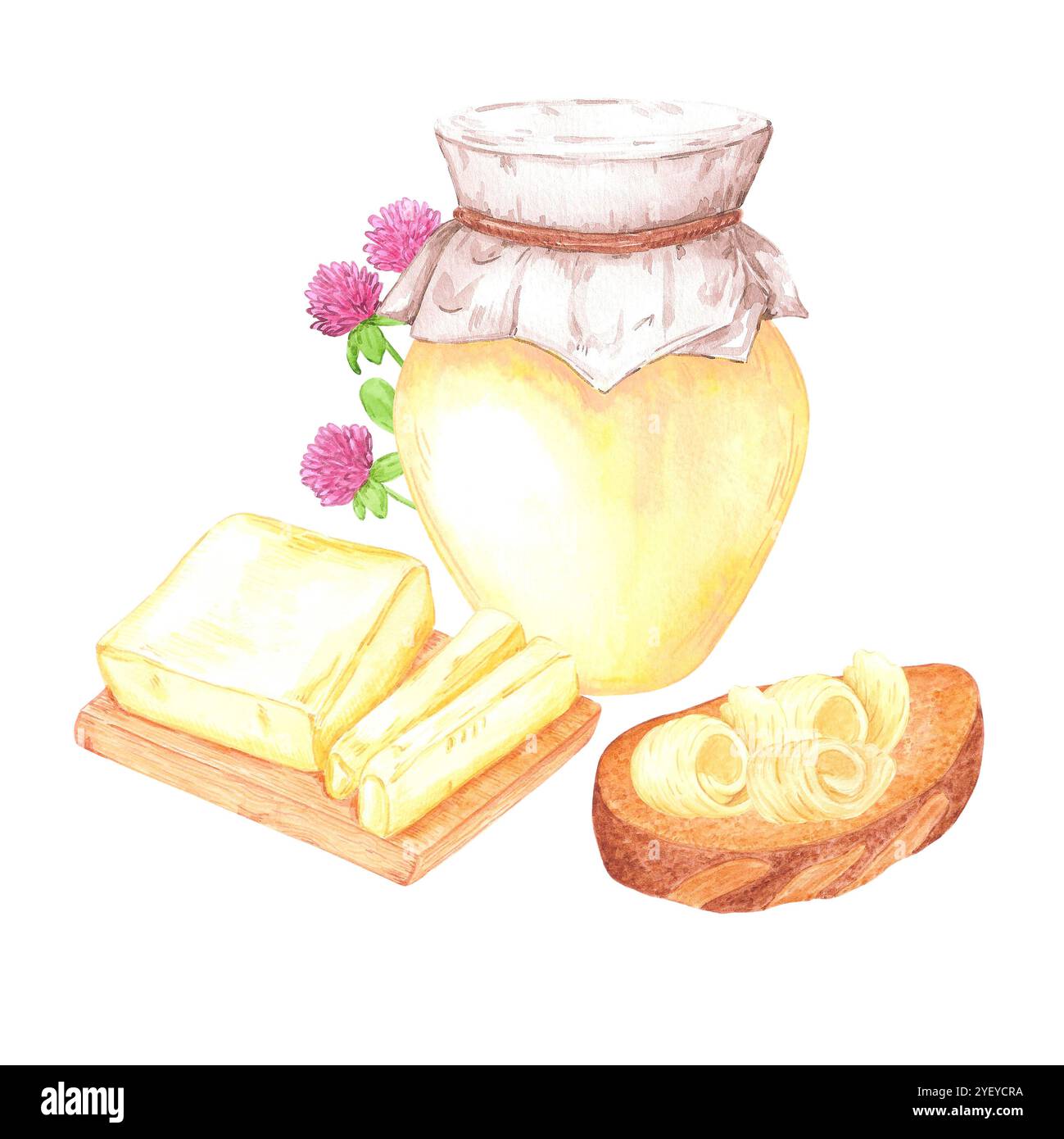 Hand drawn watercolor jar of ghee butter and sandwich with butter ...