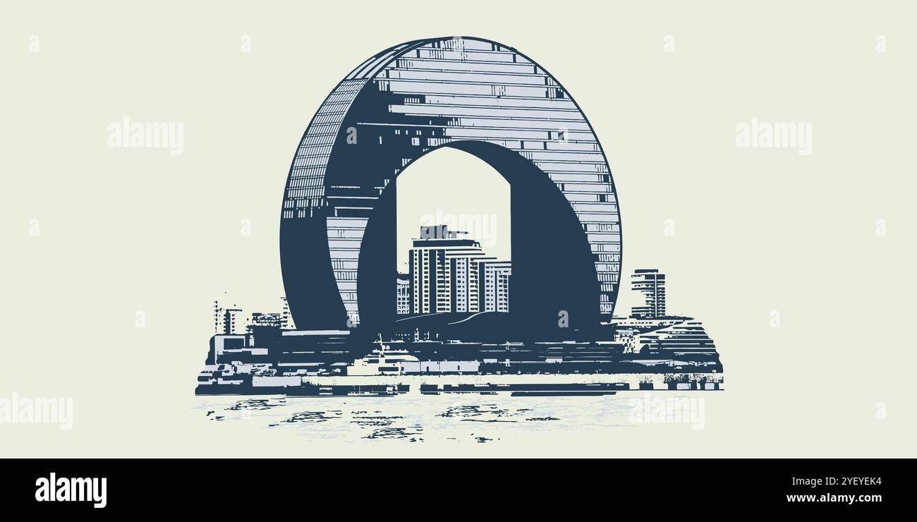 Sketch Illustration of Crescent Building, a Landmark of Baku ...