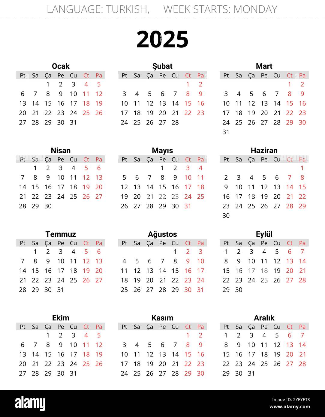 2025 year turkish annual calendar - takvim. Printable vector ...