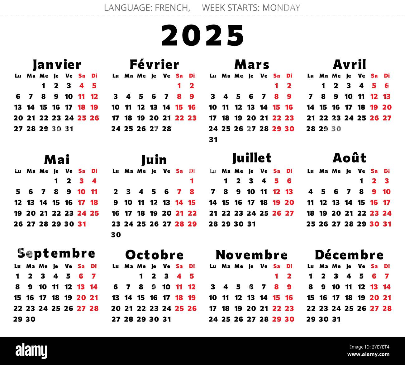 2025 french calendar - calendrier. Editable vector illustration for ...