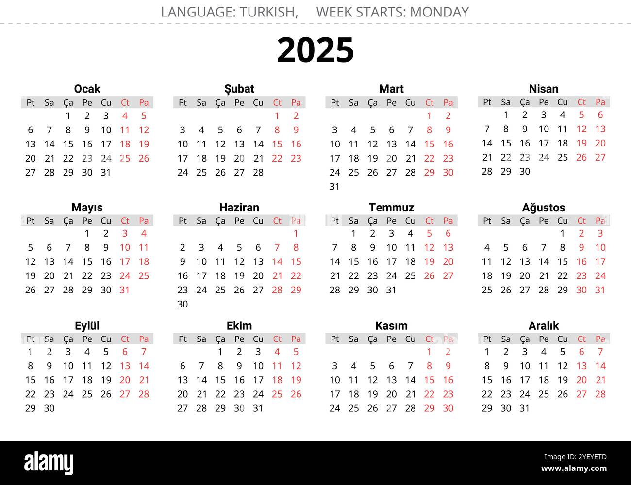 2025 year turkish annual calendar - takvim. Printable vector ...