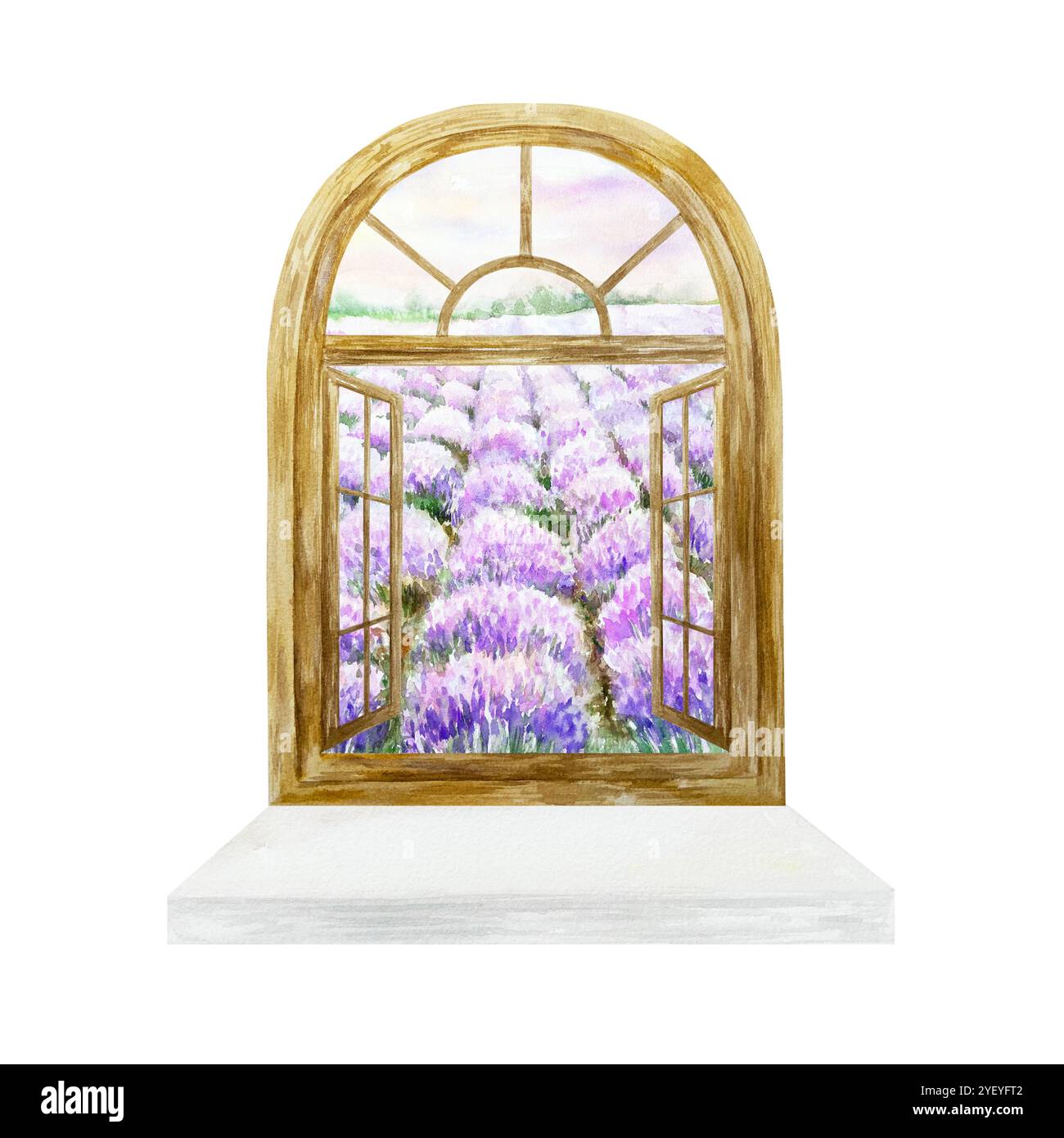 Window with lavender field view, window sill. Hand drawn watercolor ...