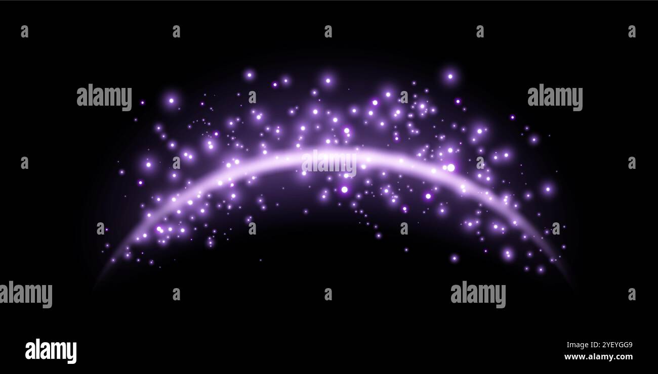 Purple magic arch with glowing particles, sunlight lens flare. Neon ...