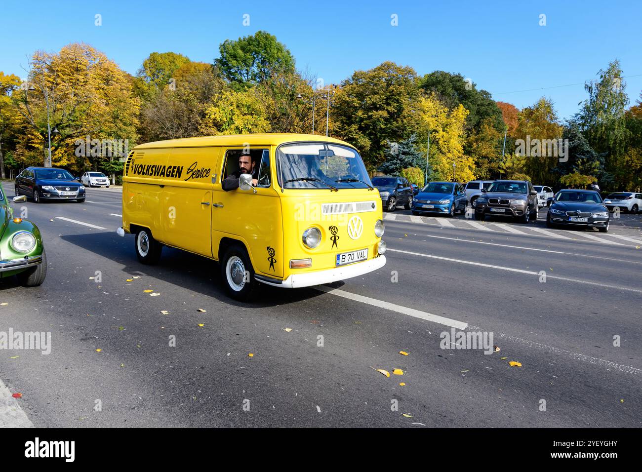 Bucharest, Romania, 24 October 2021: Vivid yellow Volkswagen combi ...