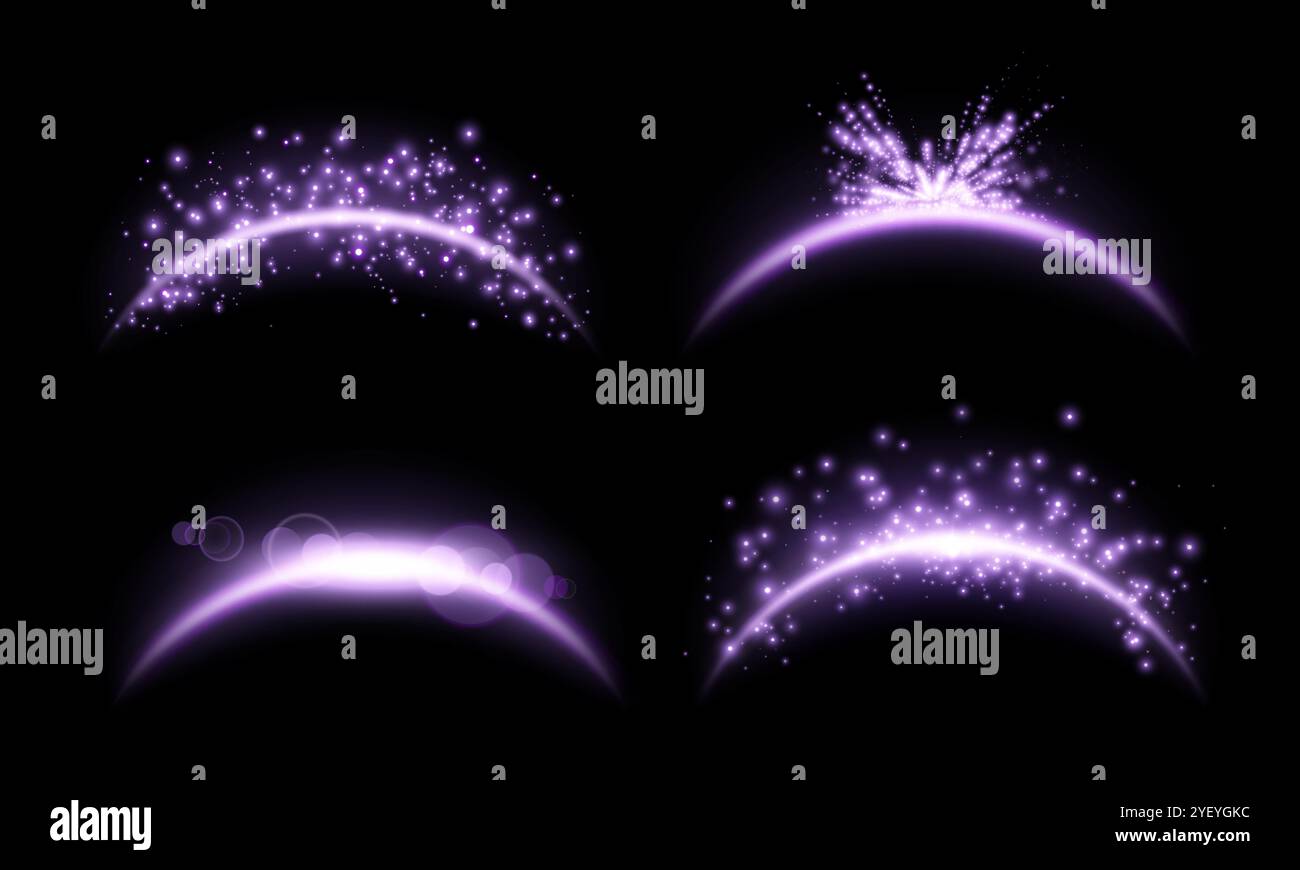 Purple magic arches set with glowing particles, sunlight lens flare ...