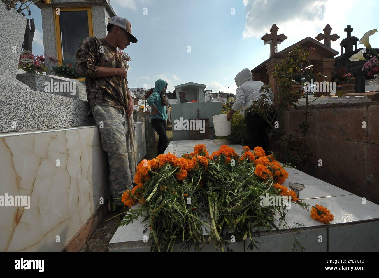 Relatives decorate the graves of their loved ones with cempasuchil ...