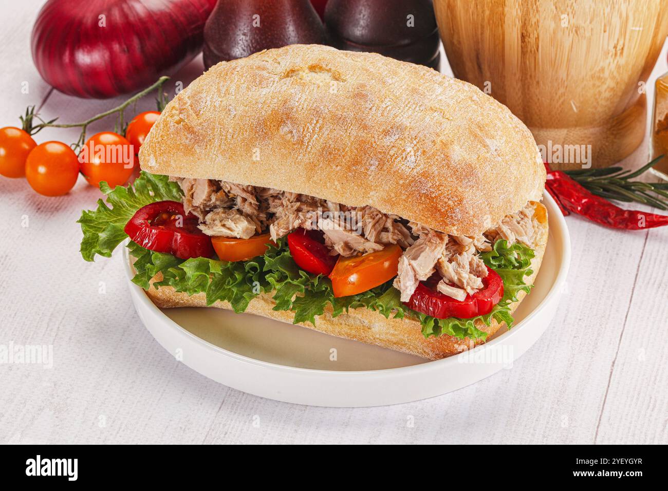 Ciabatta with canned tuna and tomato sandwich Stock Photo - Alamy