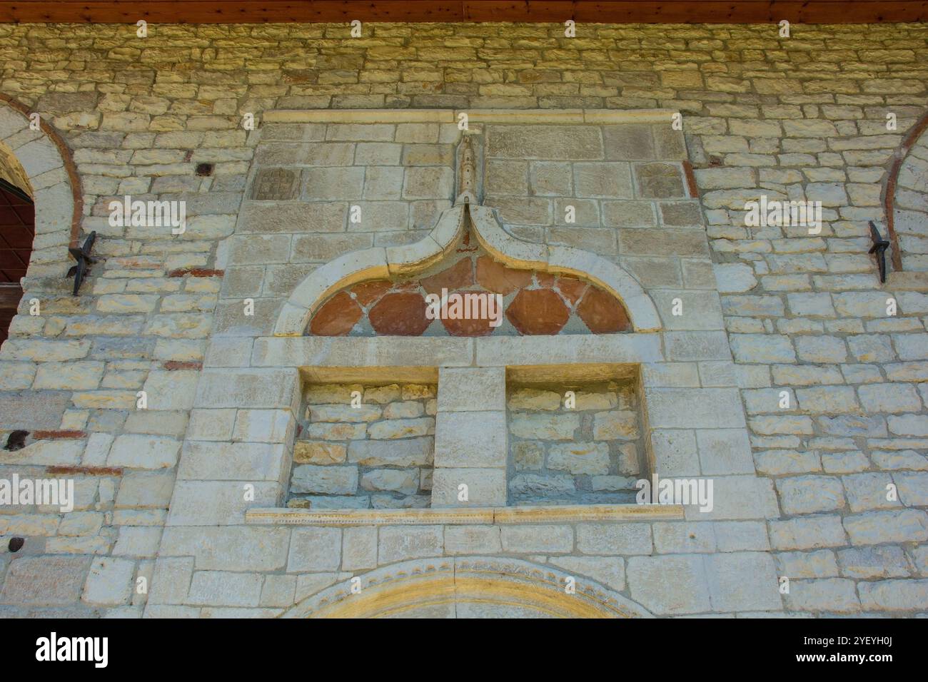 A blind window on an outside wall of the King Mosque in Berat, central ...