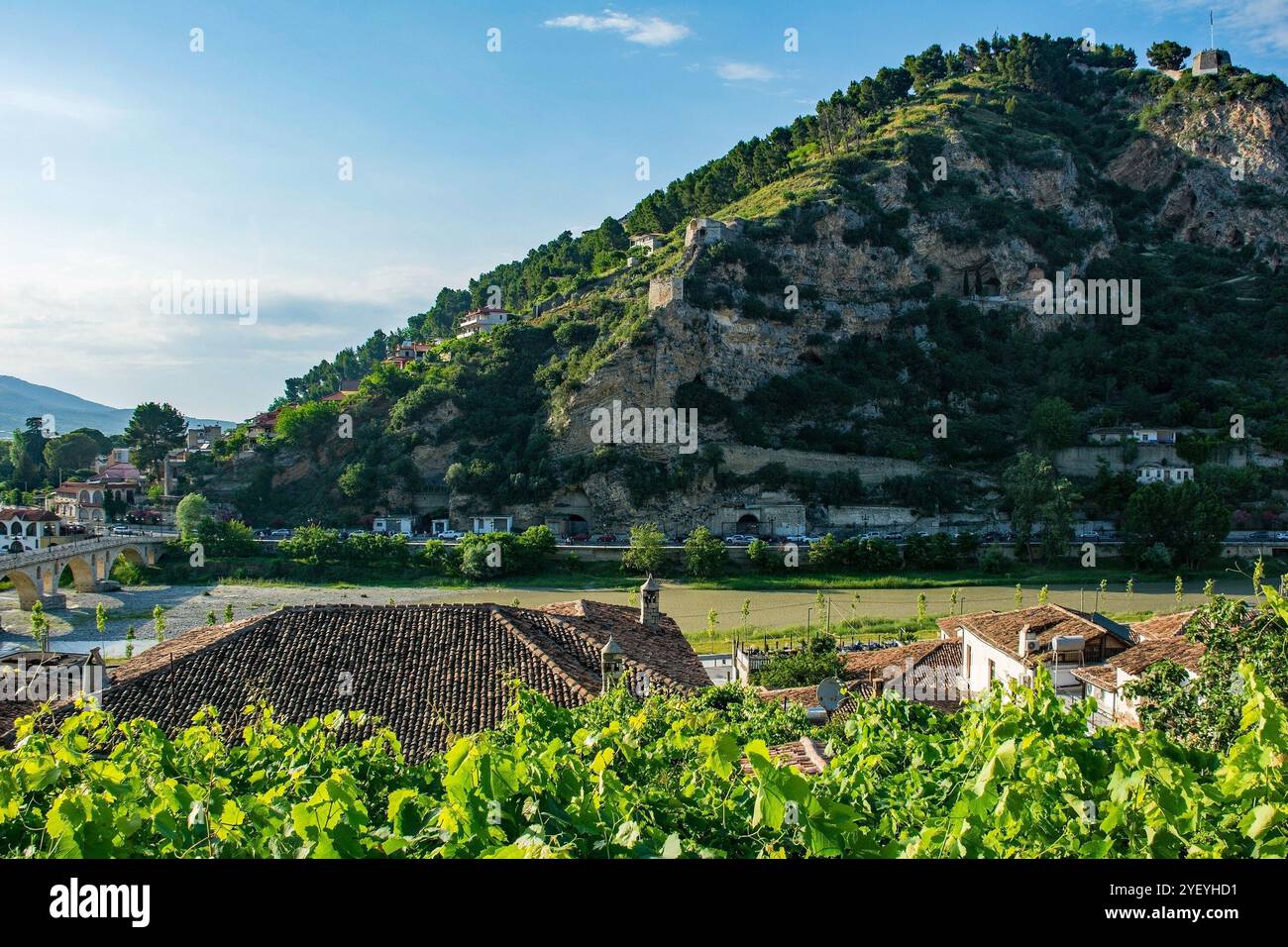 Kalaja Hill with Berat castle in the Mangalem quarter of Berat, Albania ...