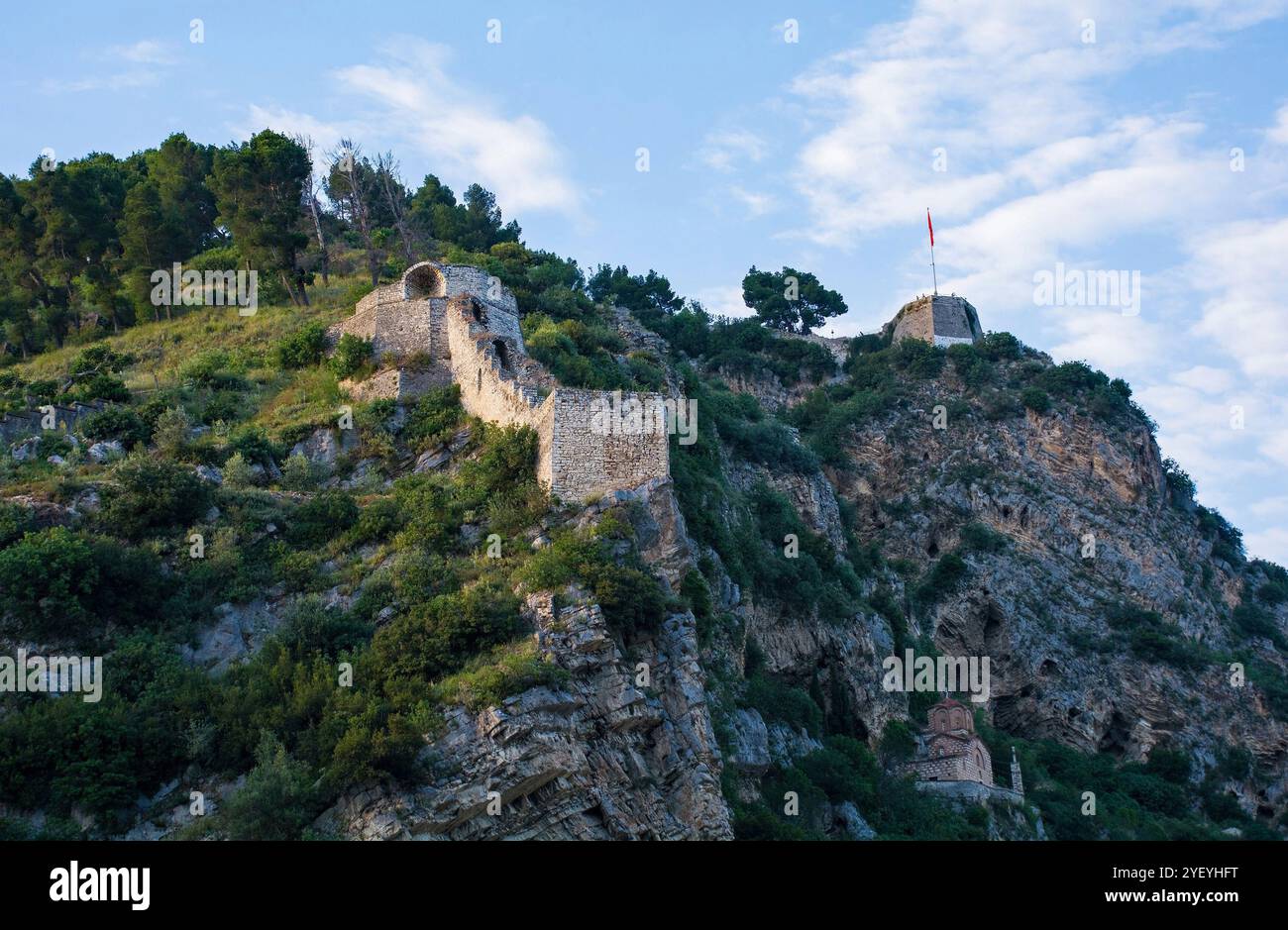 Fortified walls of Berat Castle in southern Albania. Southern or Red ...