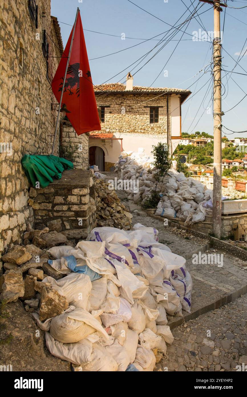 Berat, Albania - June 1st 2024. Bags of building materials for the ...