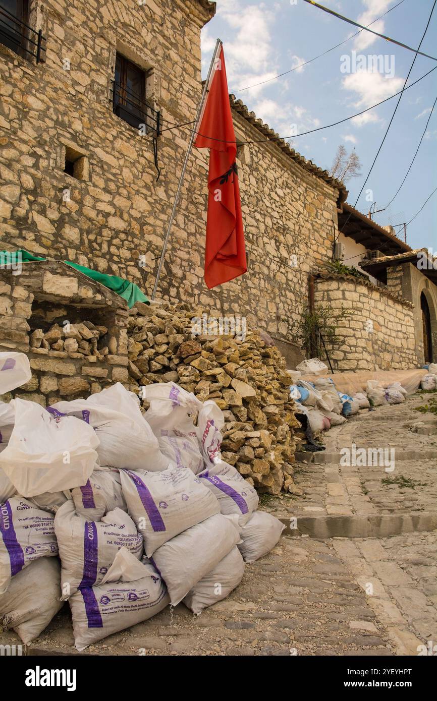 Berat, Albania - June 1st 2024. Bags of building materials for the ...