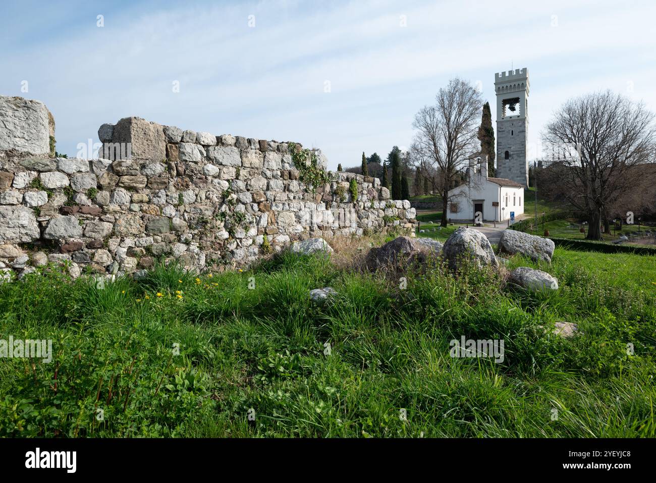 The castle of Fagagna in Friuli (Italy) on hilltop, with its clock ...