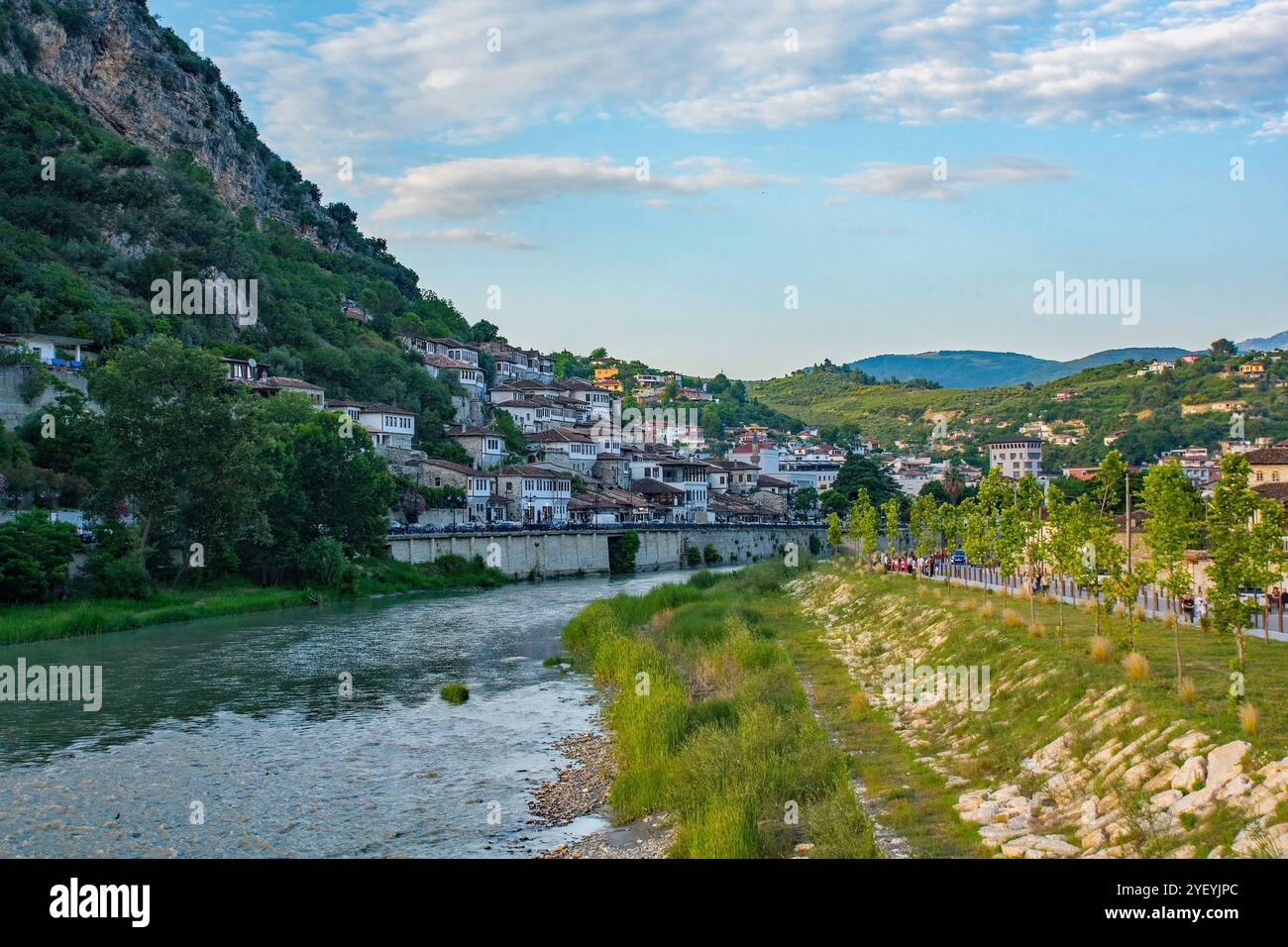 Osum River flowing through Berat, Albania. Kalaja Hill and the Mangalem ...