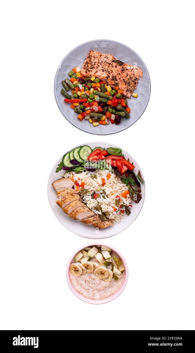 Breakfast, lunch and dinner. Balanced menu Stock Photo - Alamy