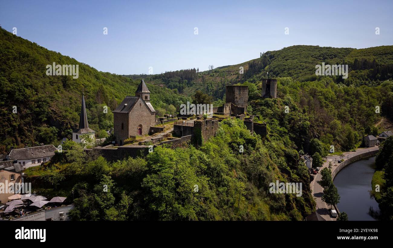 Aerial view of Esch-sur-Sure, medieval town in Luxembourg, dominated by ...