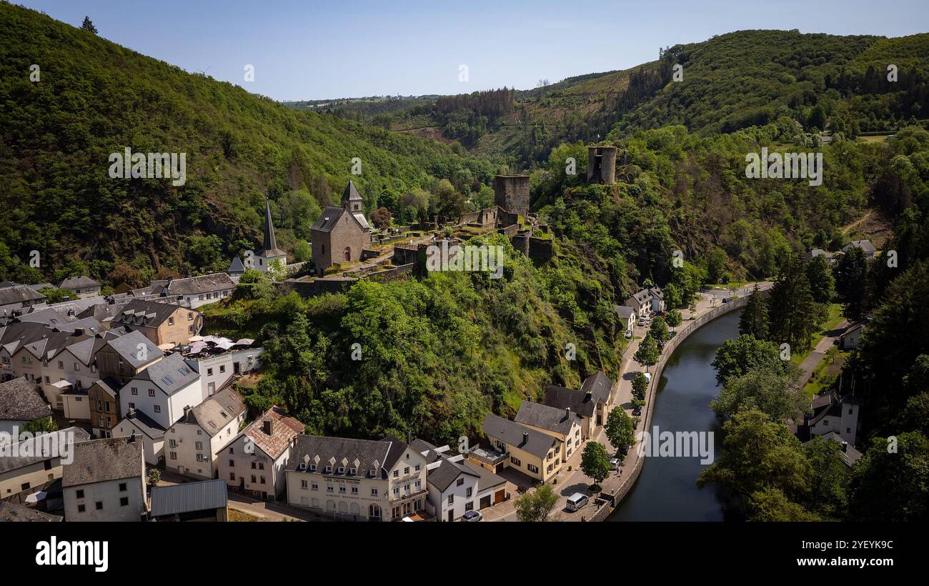 Aerial view of Esch-sur-Sure, medieval town in Luxembourg, dominated by ...