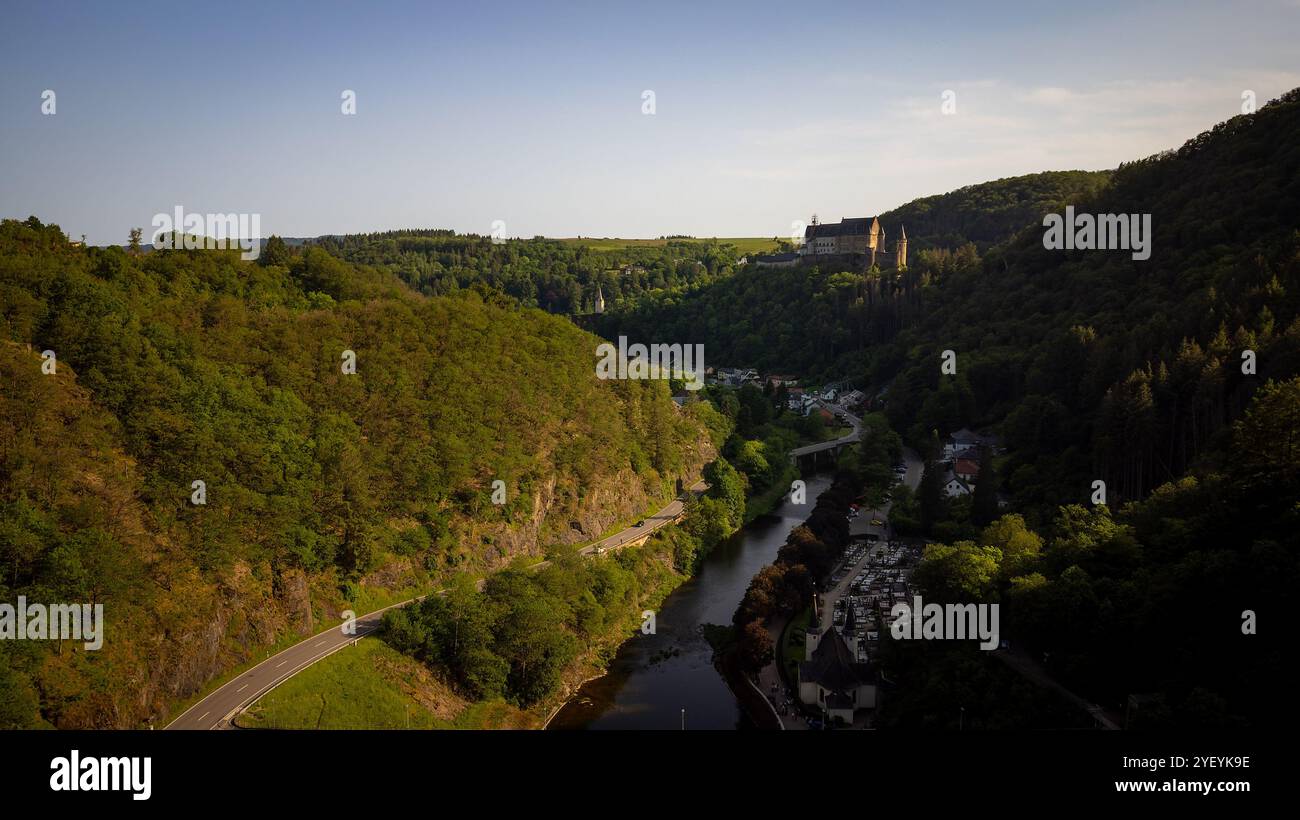 A scenic aerial exploration of Vianden's stunning castle and lush ...
