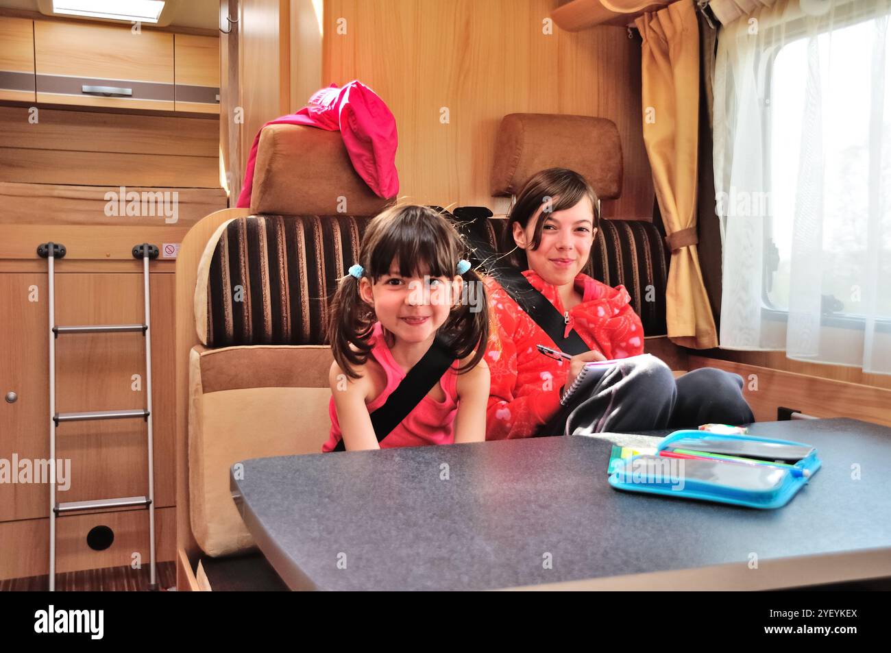 Family vacation, RV holiday trip, camping, happy smiling kids travel on ...