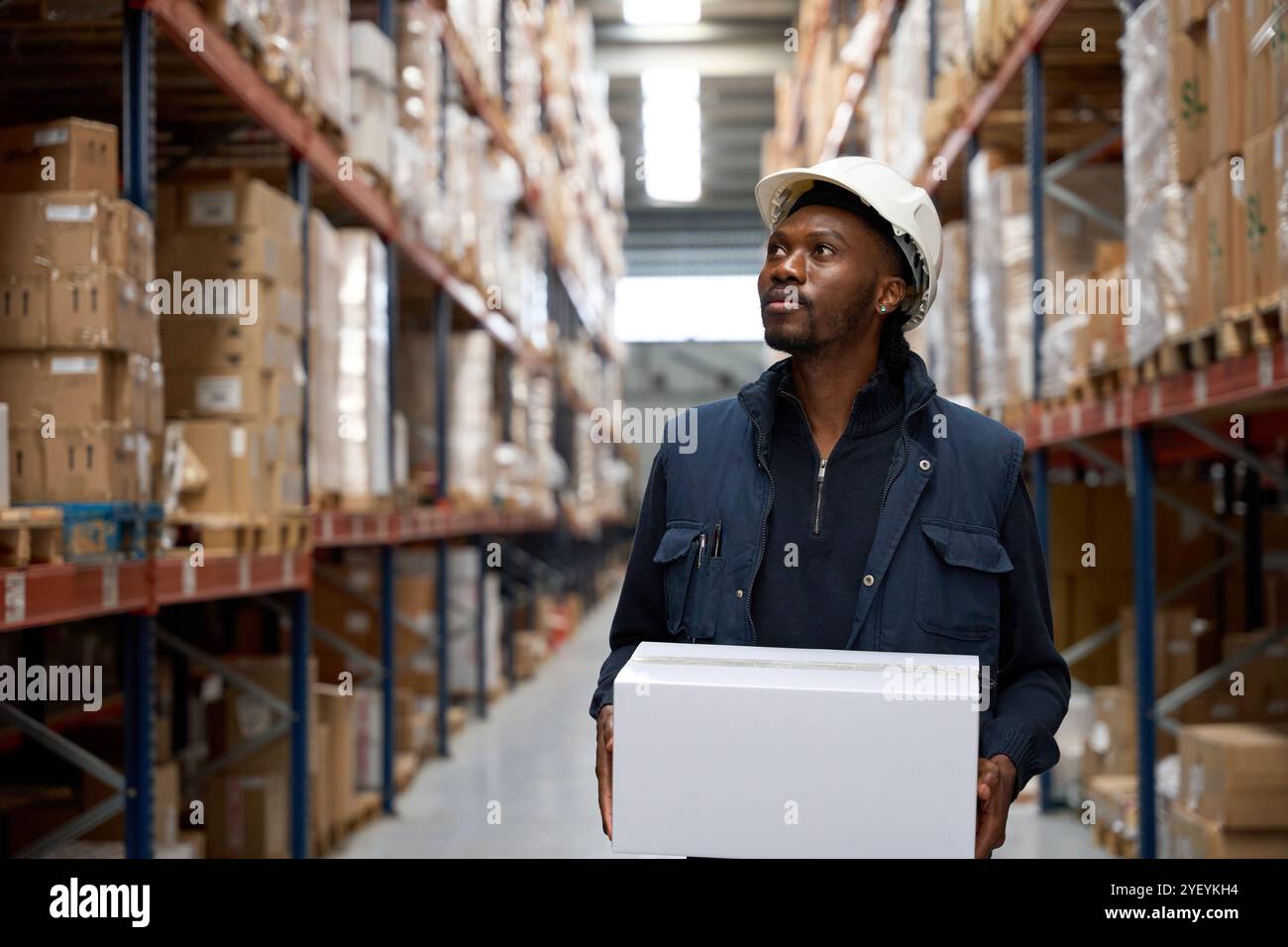 Warehouse worker carrying box in logistics center Stock Photo - Alamy