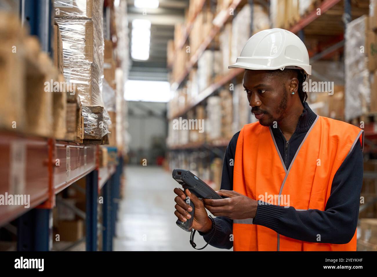 Warehouse worker scanning packages with barcode scanner in logistics ...