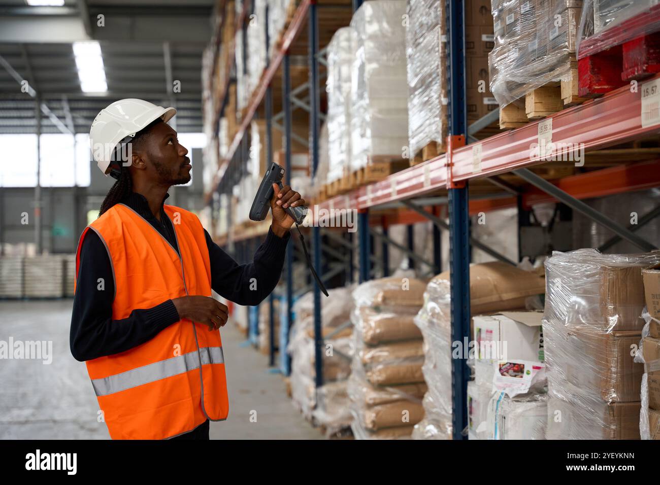 Warehouse worker scanning packages with barcode scanner in logistics ...