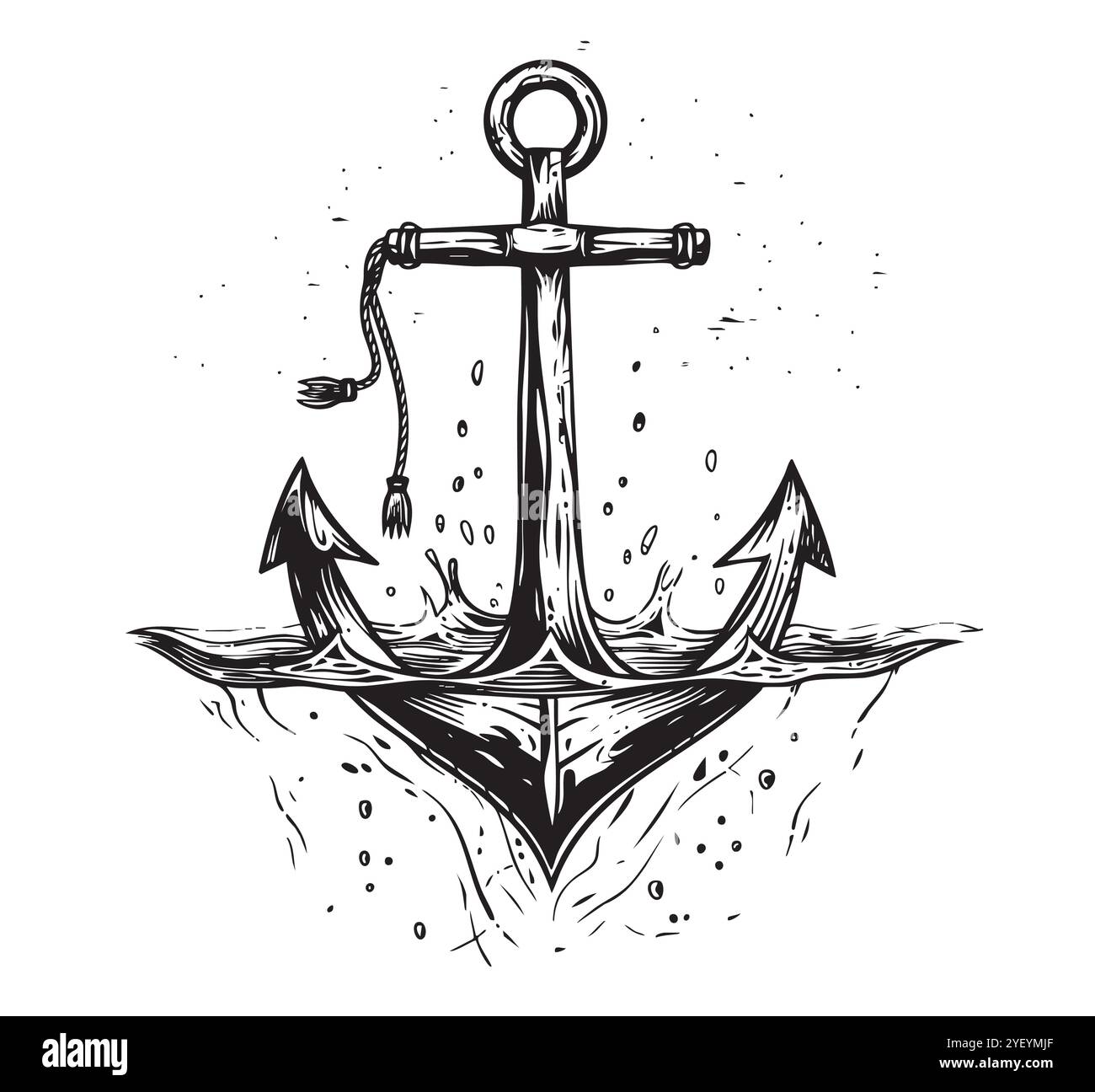 Vintage sea anchor with rope in engraving style. Ship hook sketch ...