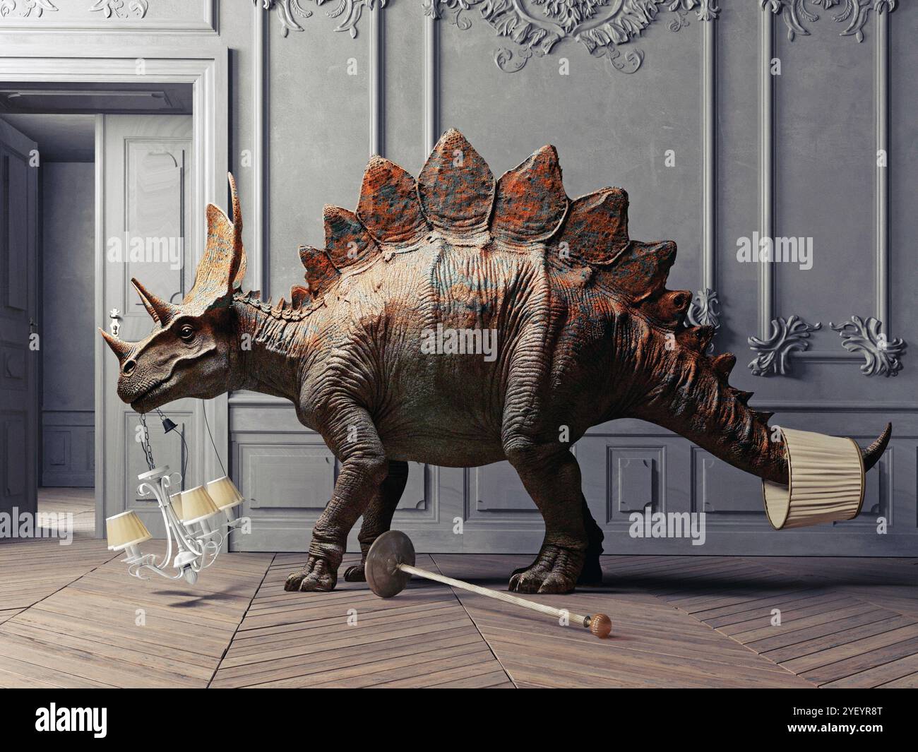 A dinosaur in a vintage-style room, carrying a chandelier in its mouth ...