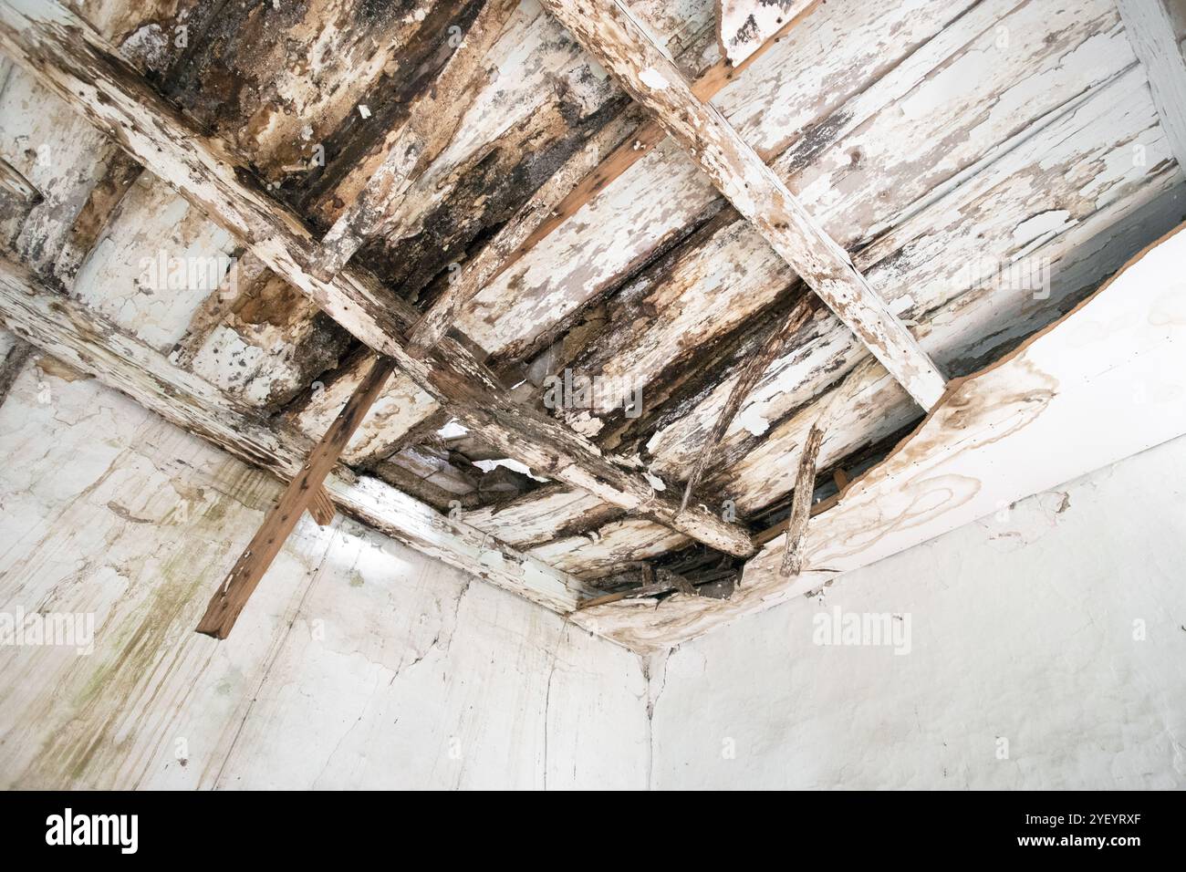 Old wooden ceiling with beams on wooden background. Needs renovation ...