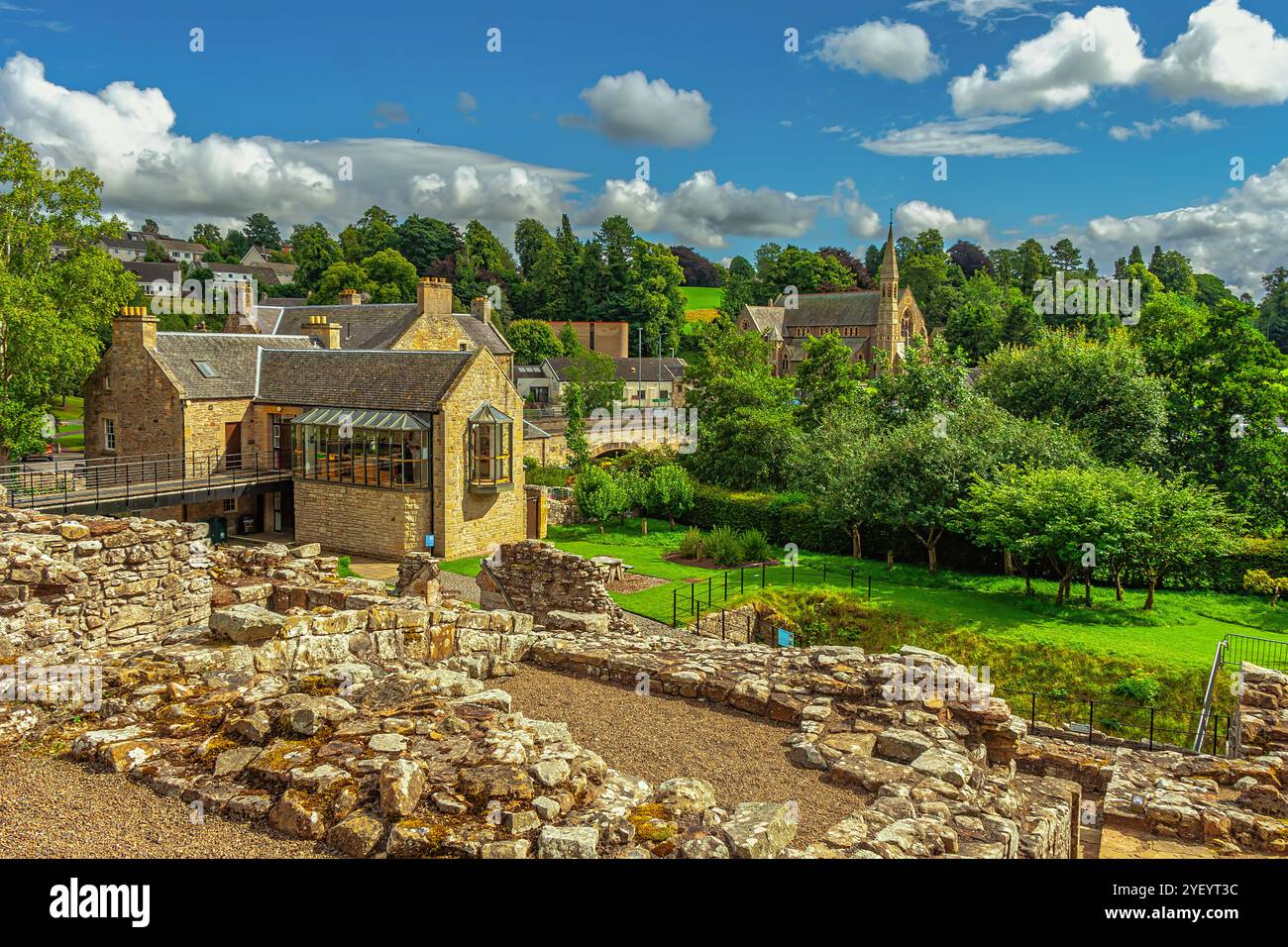 The ruins of the medieval Jedburgh Abbey in the centre of the town of ...