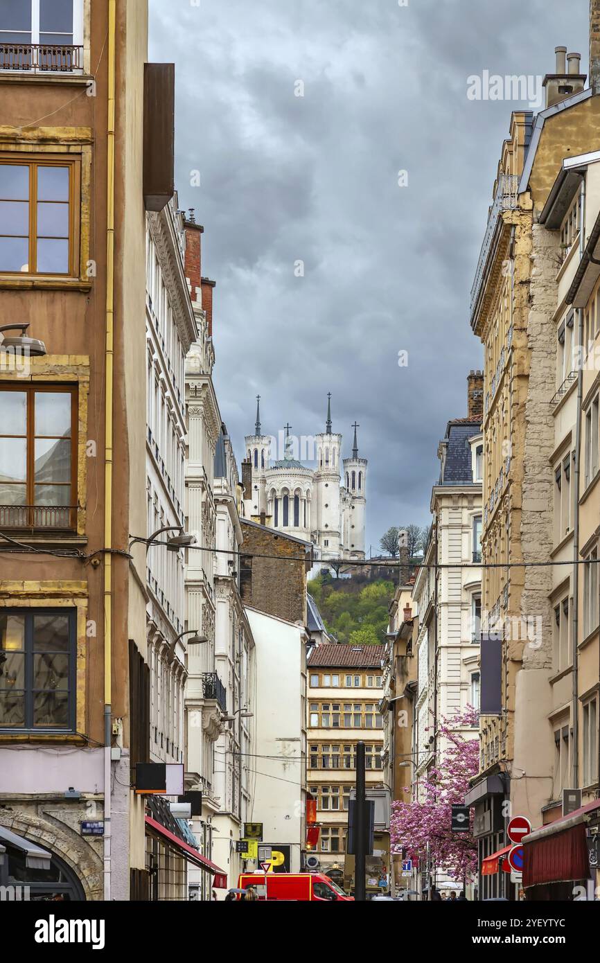 Street with historical houses in Lyon downtown, France, Europe Stock ...